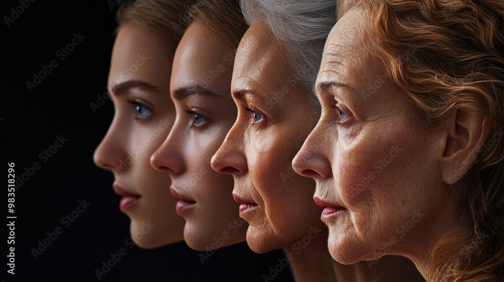 Four women with different ages and features are shown in a row. Concept ...