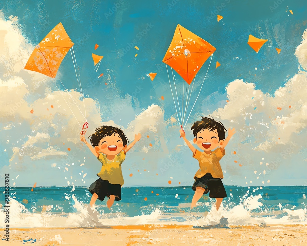 2D cartoon of Asian children flying kites at the beach, breezy sky ...