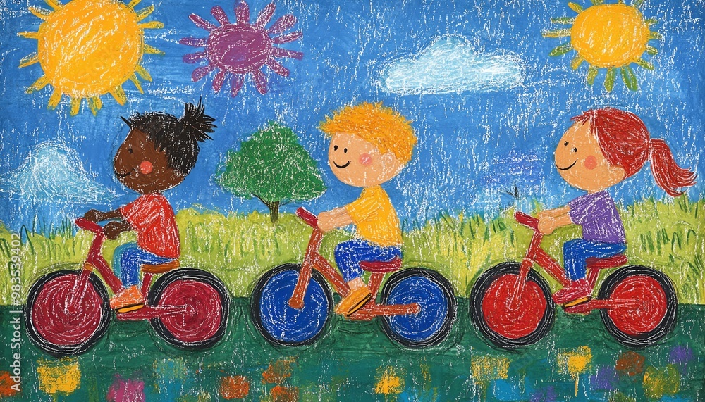 Childdrawn 2D cartoon of White toddlers riding tricycles, stick figures ...