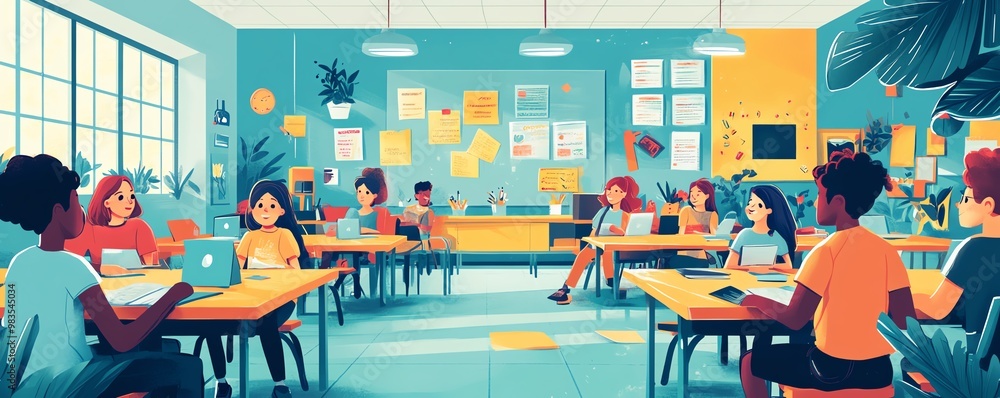 Bright and engaging educational illustration with students actively ...