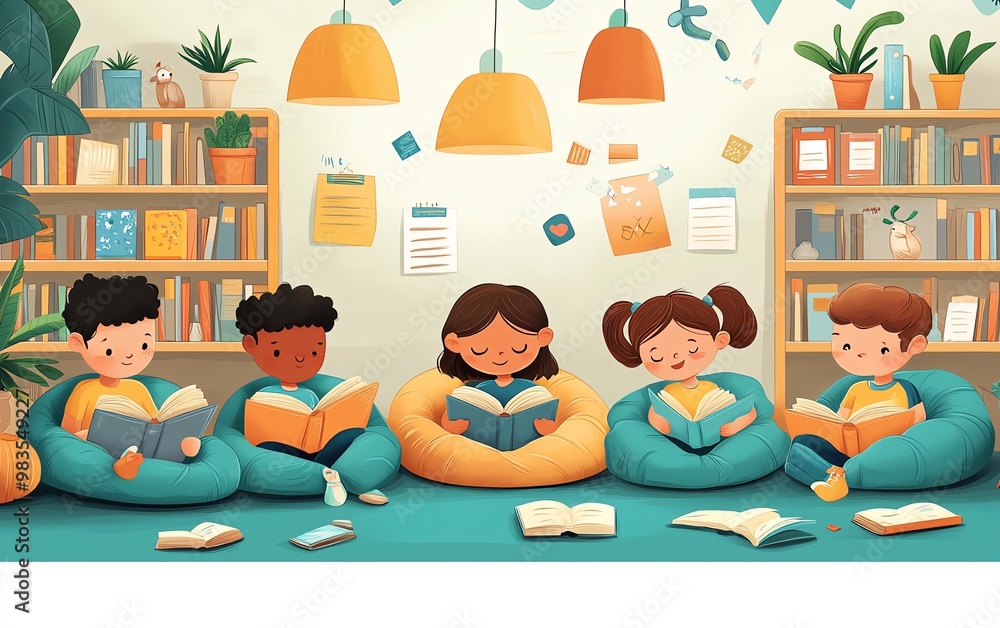 Illustration of literacy in action with children immersed in reading ...