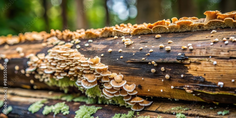 Fungal mycelium breaking down timber beam in decay process for natural ...