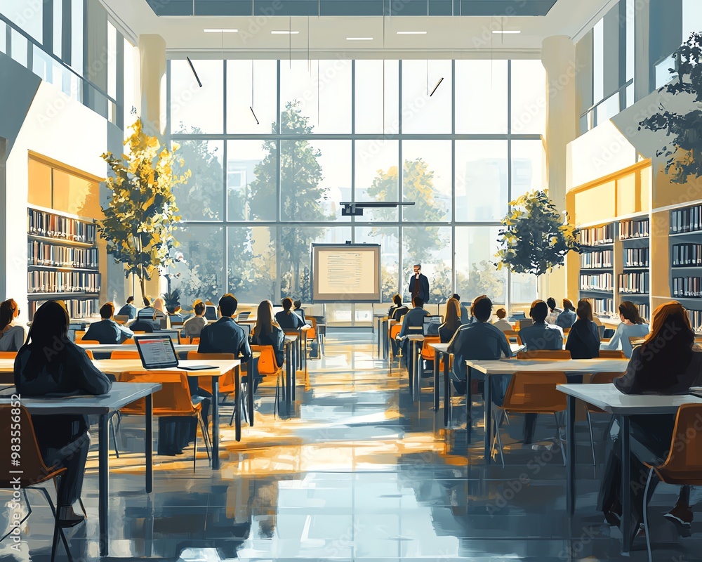 Stylish depiction of adults learning in a contemporary classroom with ...