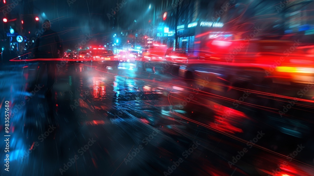 Atmospheric image capturing blurred police lights at a crime scene with ...