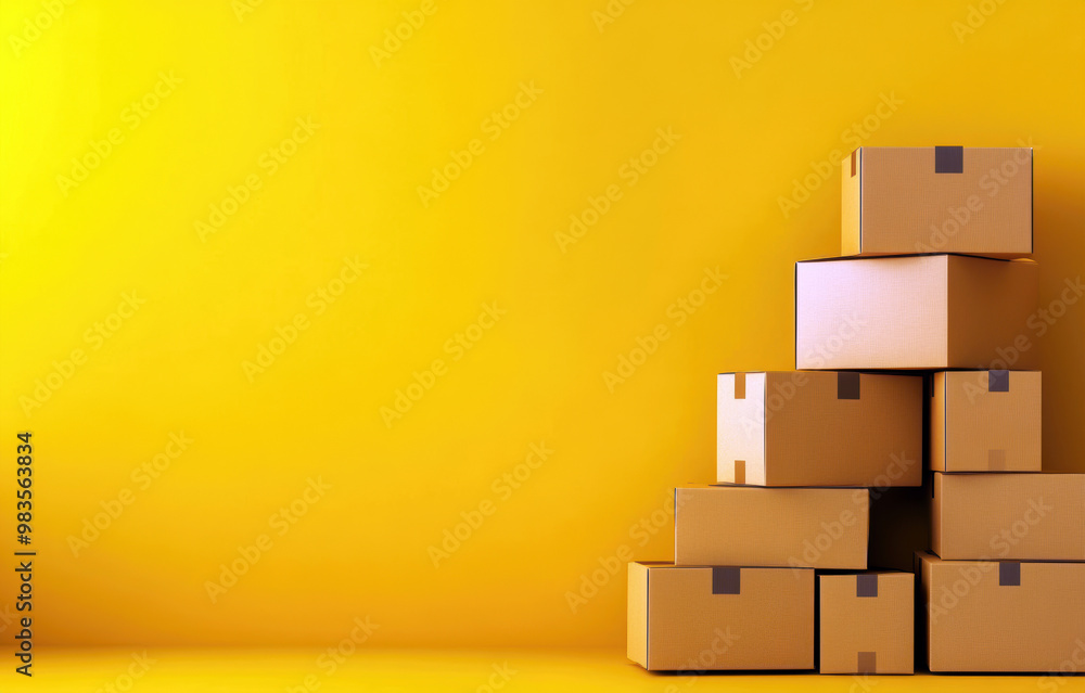 A stack of cardboard boxes on a yellow background. The boxes are piled ...