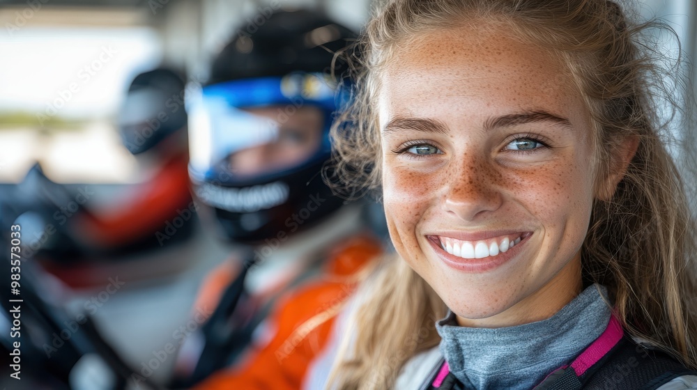 A young female racer with freckles beams confidently at the camera ...