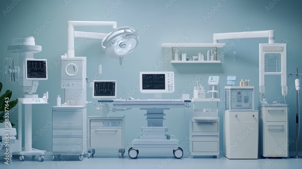 Collection of high-tech medical equipment neatly arranged in a clean ...