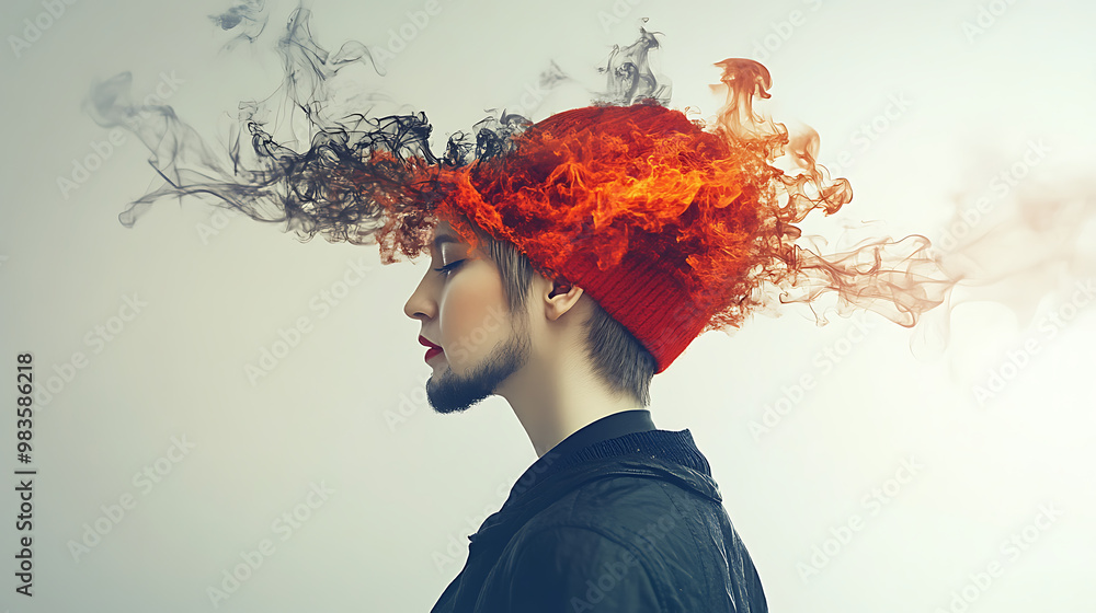 Igniting Inspiration: A young woman with fiery smoke emanating from her ...