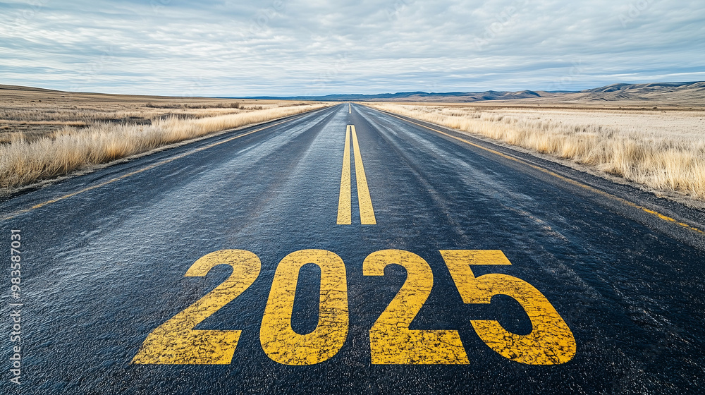 Road to 2025: Pathway to the Future. Long road with "2025" painted in ...