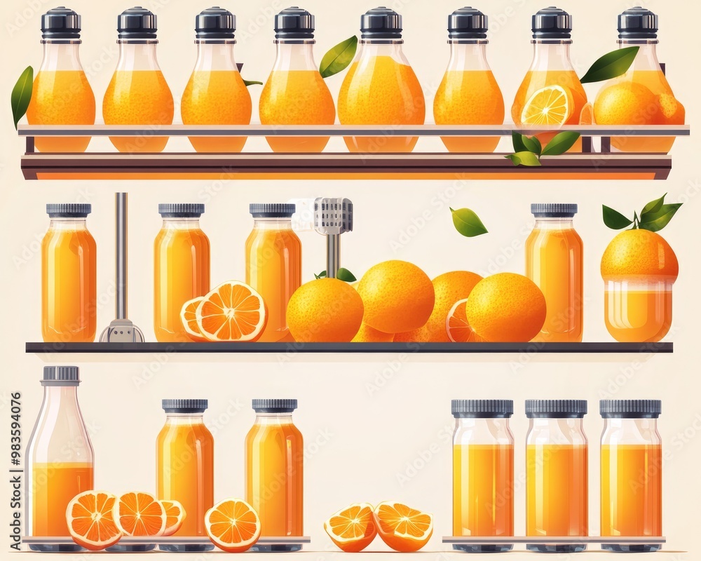 Orange juice production process featuring fresh oranges being processed ...