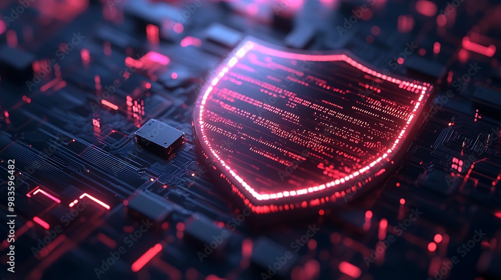 A close-up of a digital shield surrounded by lines of code and circuit ...