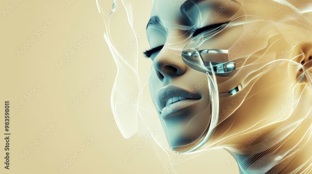 Futuristic female face with radiant digital light patterns on the skin ...