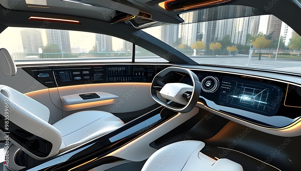 Futuristic autonomous vehicle cockpit featuring advanced digital ...
