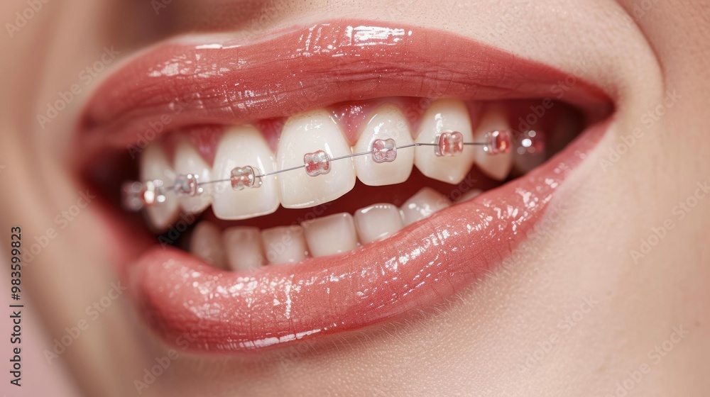 Perfect smile: orthodontic bracket or brace, highlighting dental ...