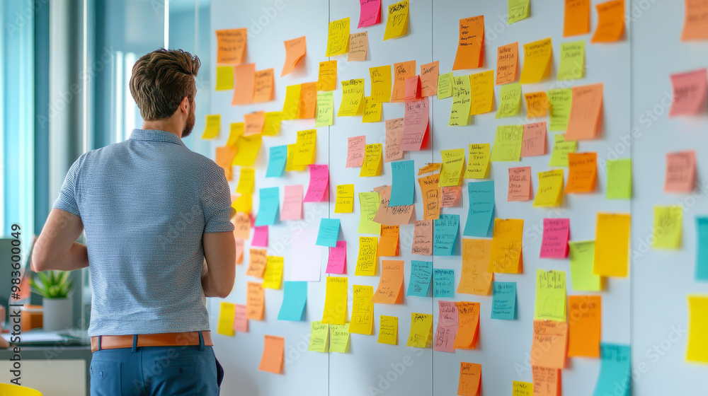 Creative brainstorming session with colorful sticky notes on wall ...