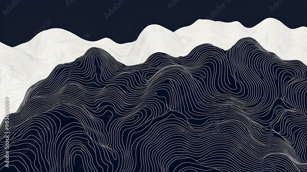 Vector black wave curve Topography grid map. white wave line geography ...