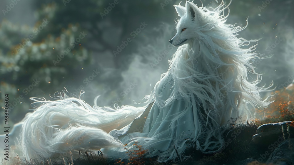 Myth of the Kitsune a mystical fox with nine tails ancient Japanese ...