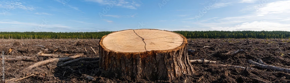 A large tree stump in a deforested area under a clear blue sky ...