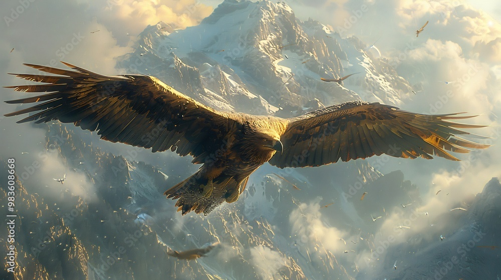 Myth of the Roc a gigantic bird soaring above the mountains ancient Arabian mythology casting a ...