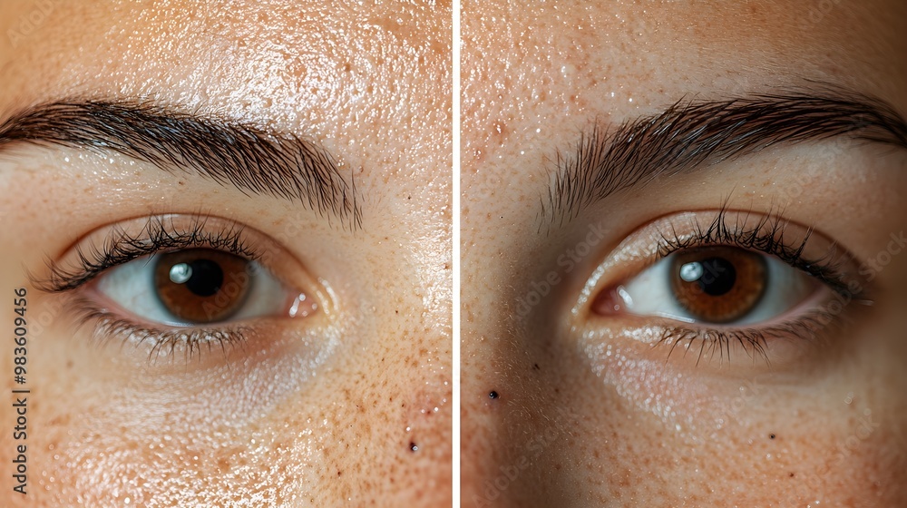 Close-up before-and-after shot of the forehead and T-zone, showing ...