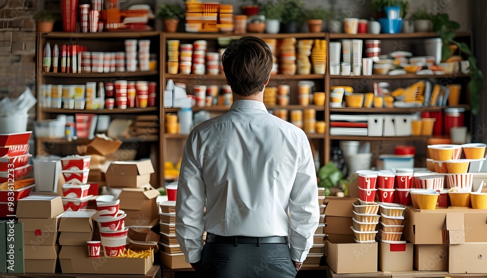 Overweight office worker at a cluttered desk surrounded by fast food ...