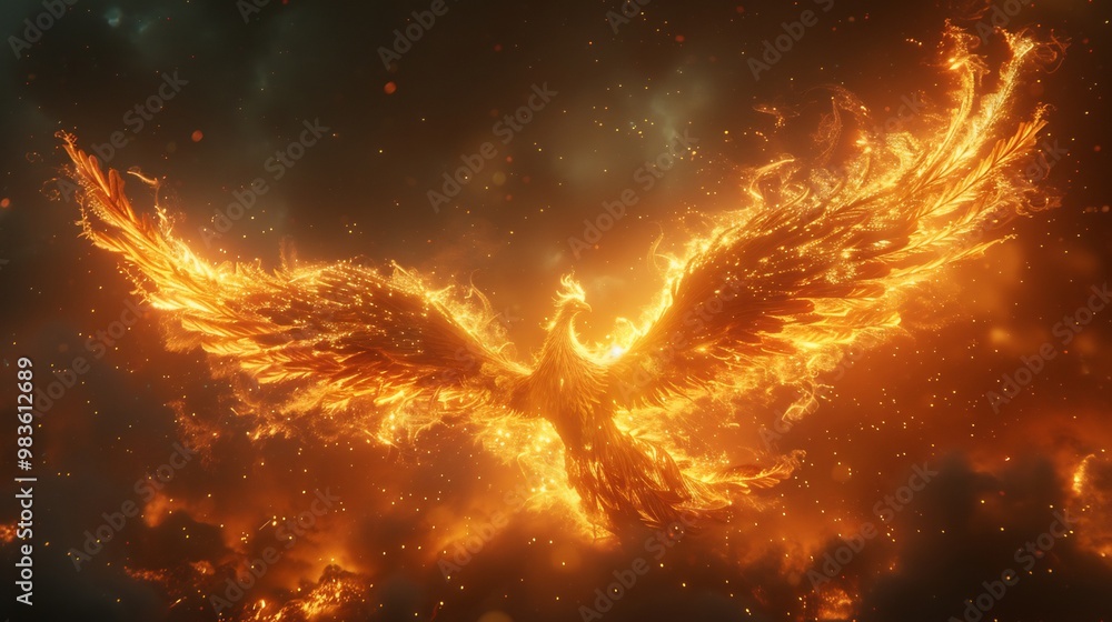 Phoenix rising from the ashes flames bursting forth in a vibrant ...