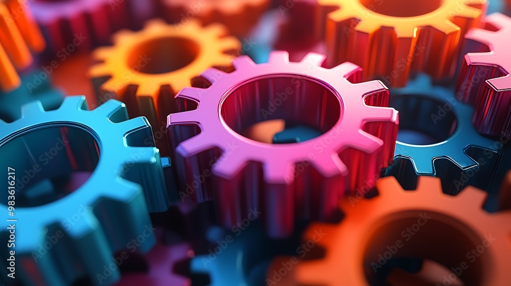 A dynamic 3D-rendered scene showcasing a collection of gears, each ...