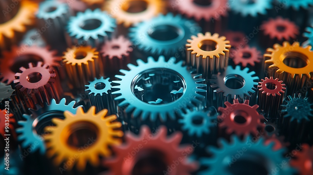 A dynamic 3D-rendered scene showcasing a collection of gears, each ...