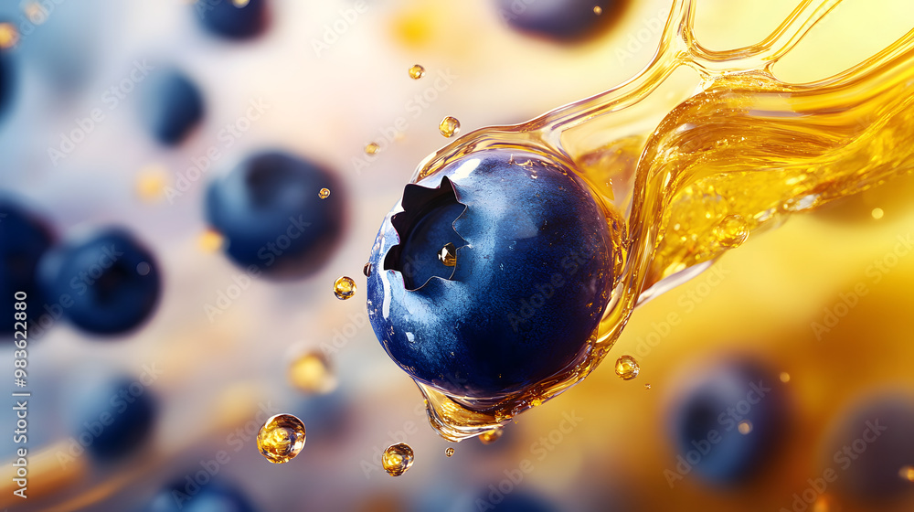 Blueberries floating in a stream of golden honey, representing ...