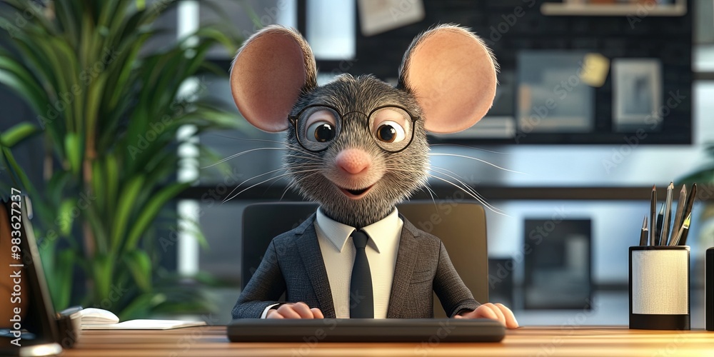 3D animated cartoon mouse executive wearing business suit working in ...