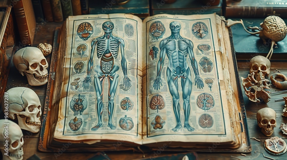 Detailed shot of an open medical atlas with a map of the human body ...