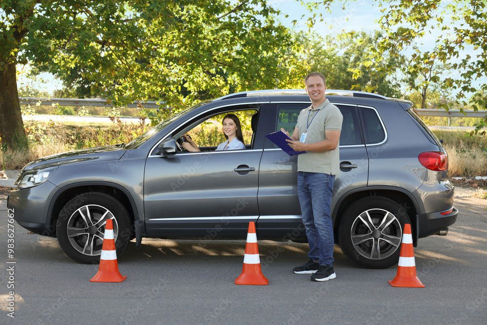 Woman passing maneuverability driving test on track Stock Photo | Adobe ...