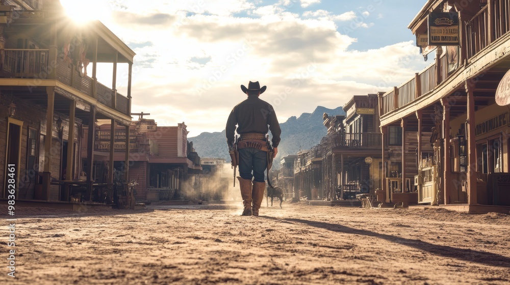 Cowboy stands ready for duel in wild west town classic western movie ...
