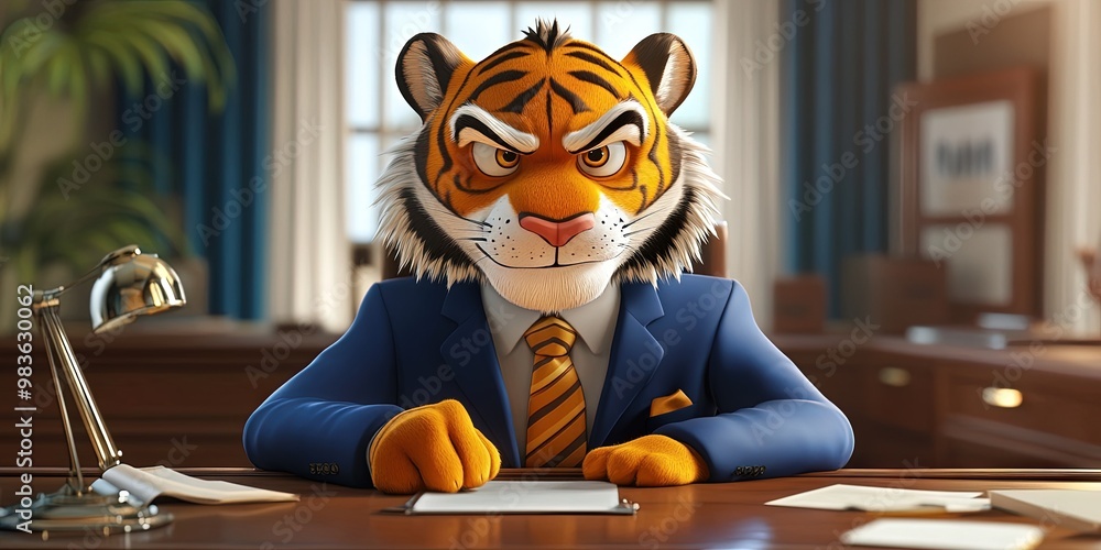 3D animated cartoon tiger executive wearing business suit working in ...