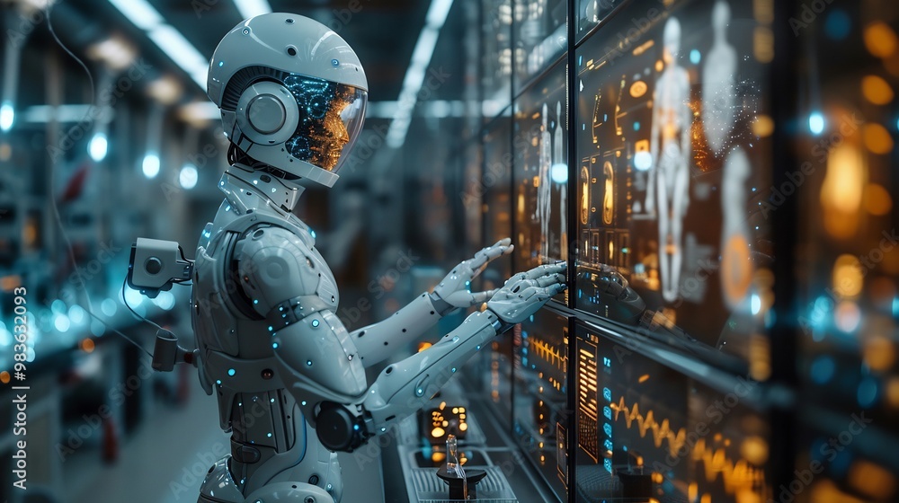 Futuristic medical lab with robotic arms and holographic displays of ...