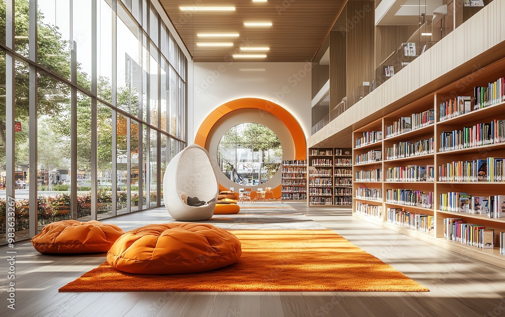 Creative scene of a library with stylish decor, interactive reading ...