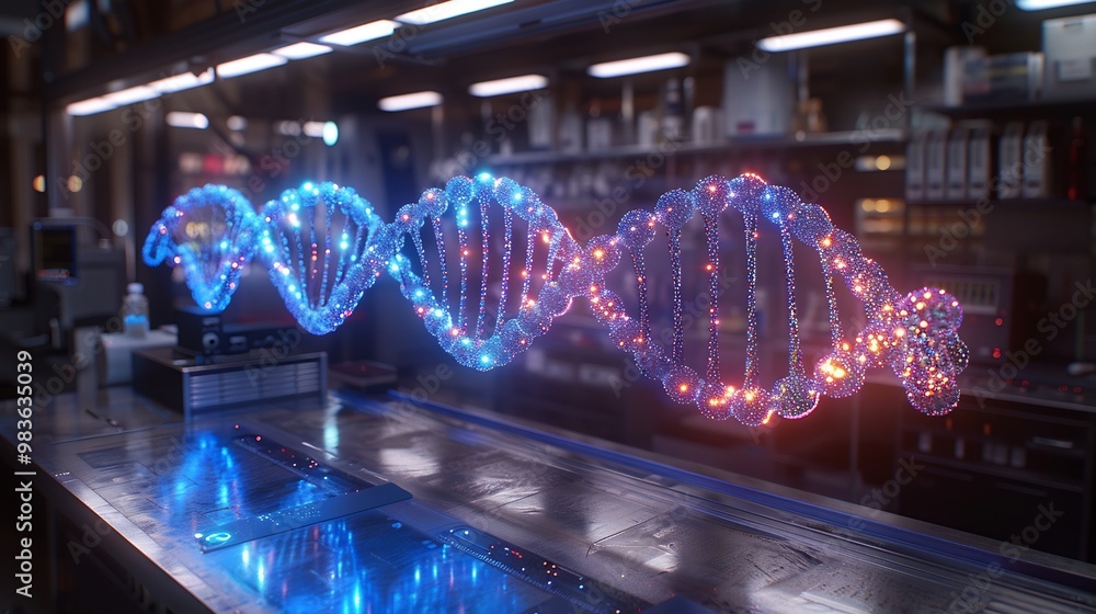Holographic display of a DNA double helix hovering over a sleek ...