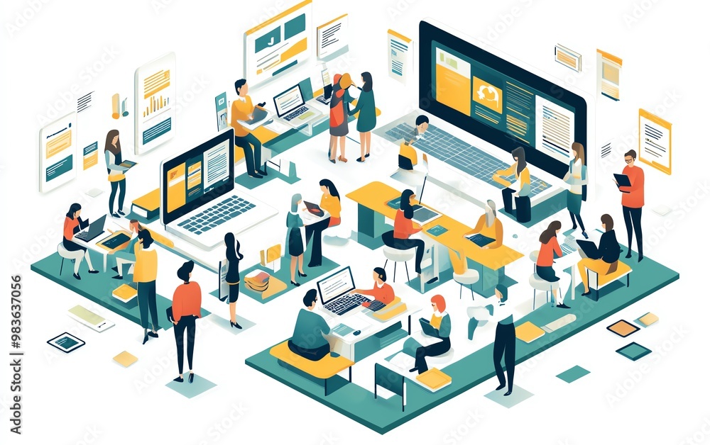 Illustration of a modern elearning setup with diverse learners engaging ...