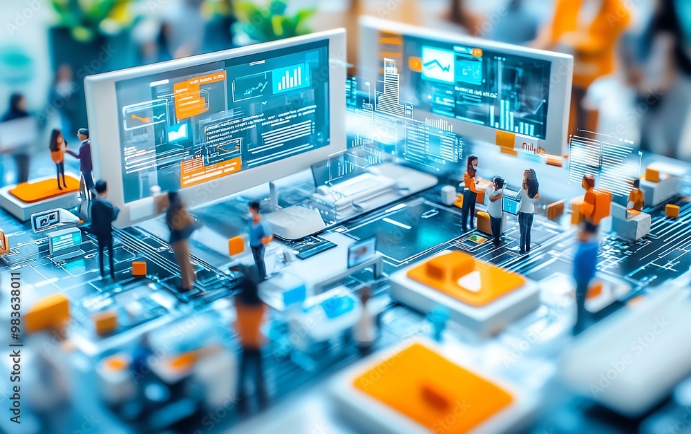 Bright and engaging image of an online learning portal with interactive modules, diverse ...