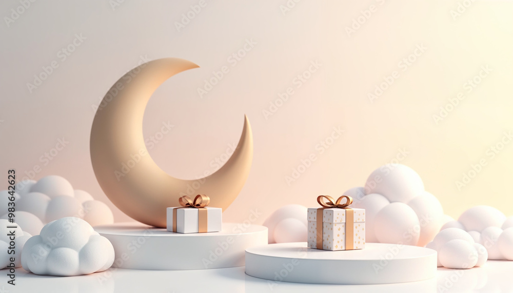 Crescent moon and gift boxes for the decoration of the Islamic holy ...
