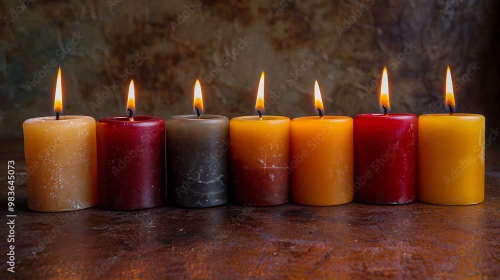 Row of candles burning at the same height their flames flickering ...