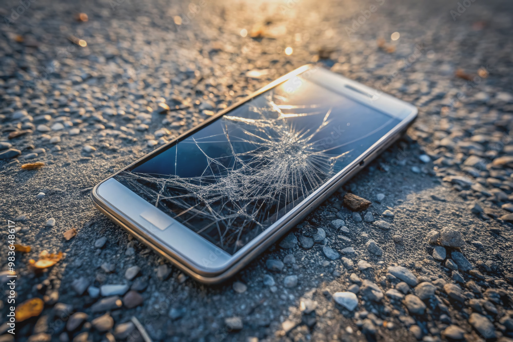 Shattered smartphone lies face down on rough asphalt, its cracked ...