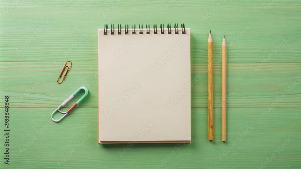 Customizable blank notebook, pencil, and paperclip arrangement on ...