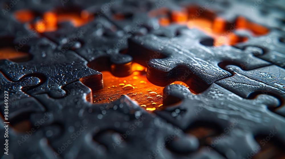 Series of interconnected puzzle pieces forming a complete picture ...