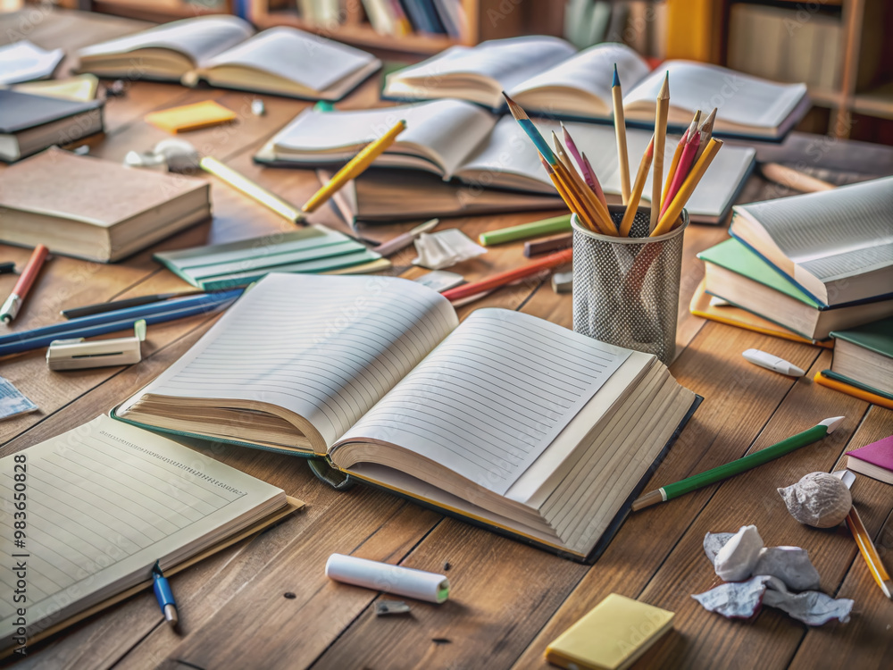 Cluttered desk with open books, scattered notes, and a broken pencil ...