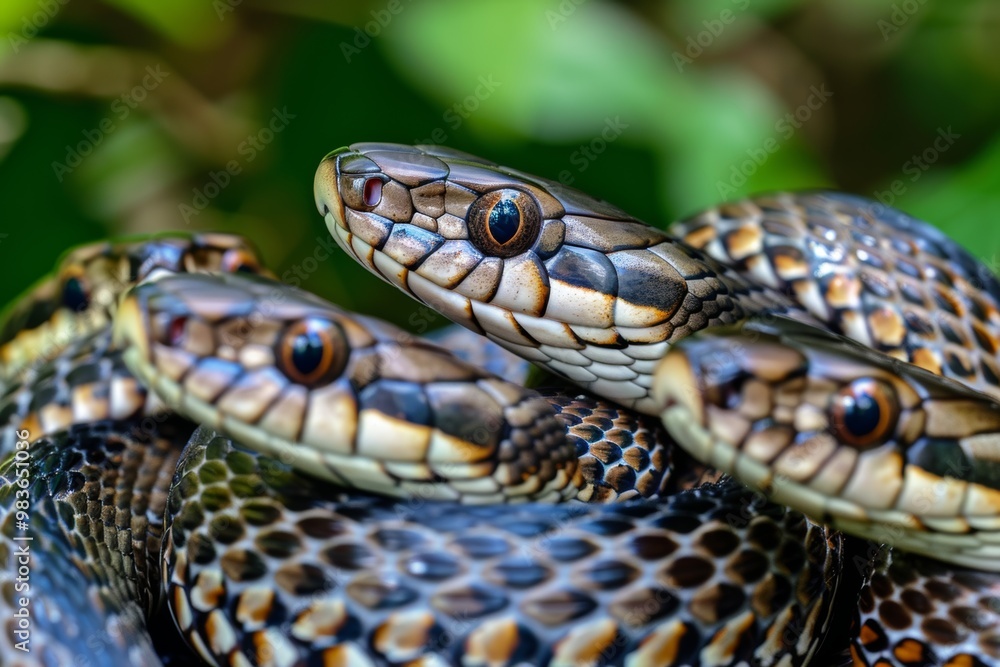 A group of snakes in a tangled pile facing each other during a ...