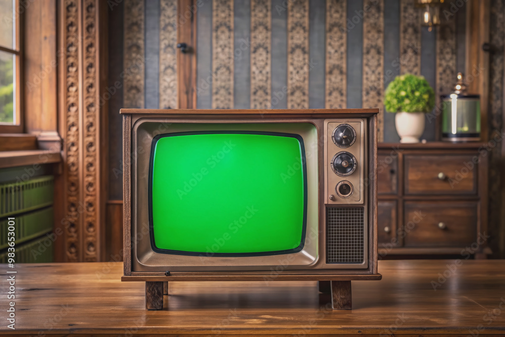 Retro box television with green screen mockup on wooden table, empty ...