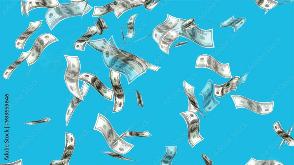 Animation of 100 dollar bills falling on blue background, Money falling ...