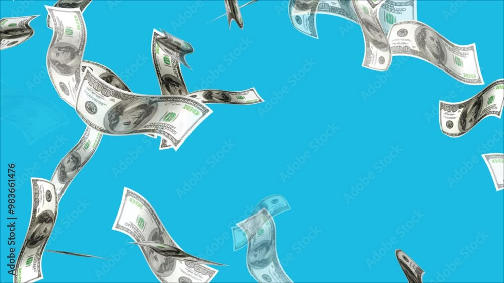 Animation of 100 dollar bills falling on blue background, Money falling ...