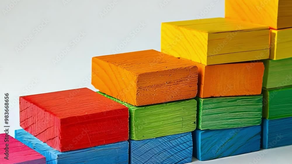 A vibrant arrangement of wooden blocks in various colors forms a step ...